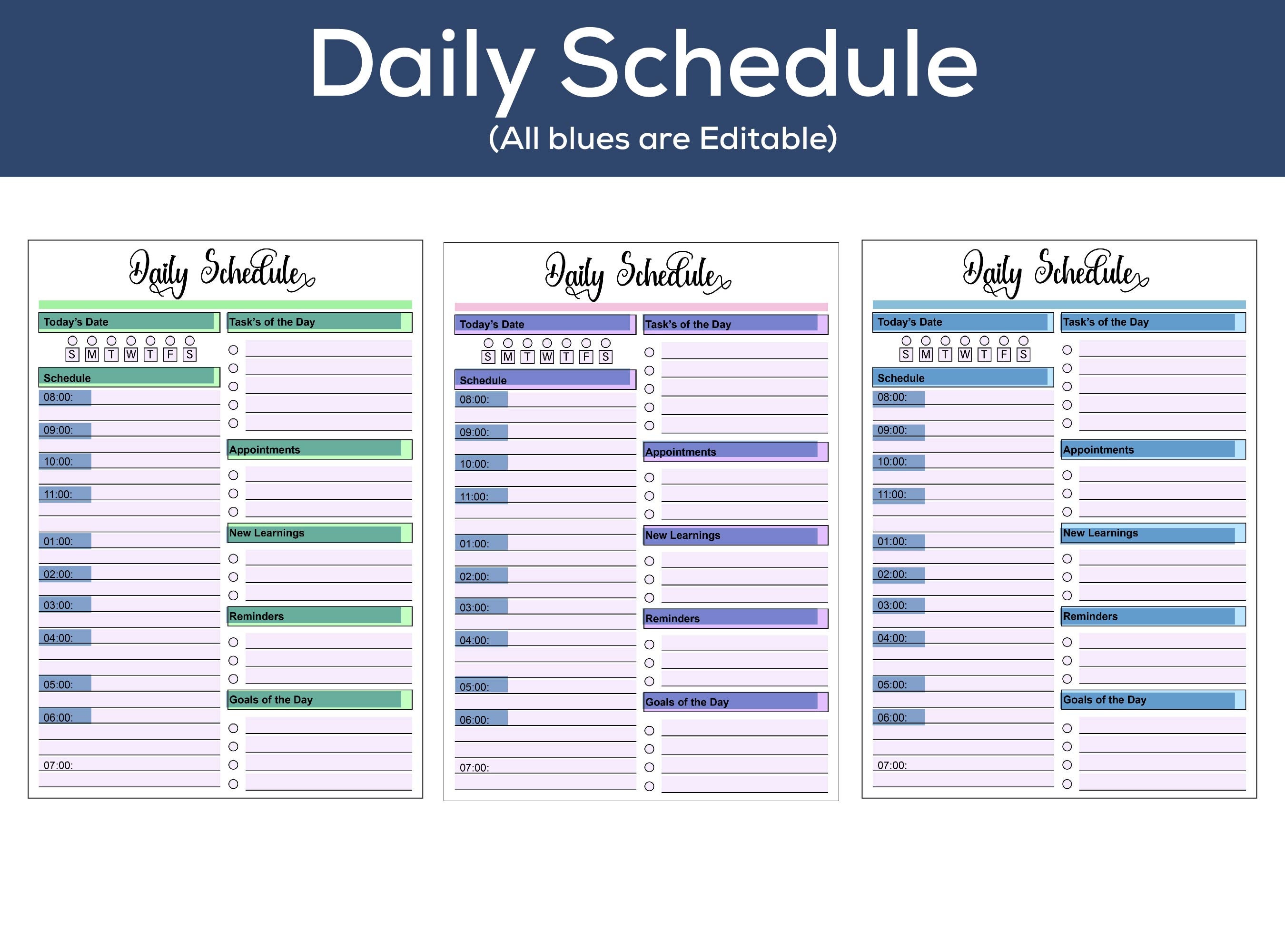 Daily Schedule Template Editable PDF 24 Hour Daily Planner Printable ...