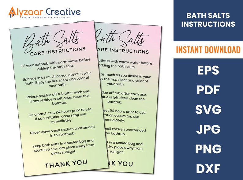 Feminine Bath Salts Care Card | Printable Bathtub Soak Care Guide ...