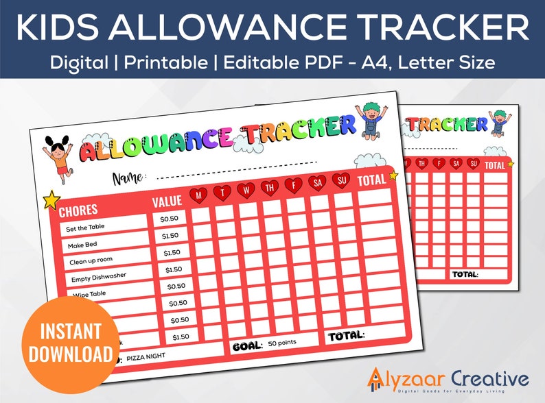 Allowance Tracker for Kids Printable Weekly Allowance Chore Chart ...