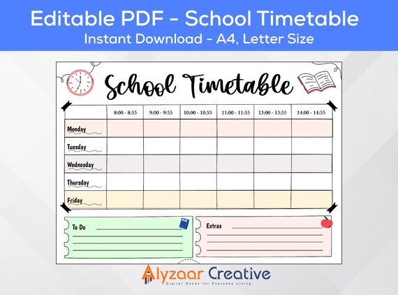 Editable Printable Timetable Schedule School Timetable - Etsy