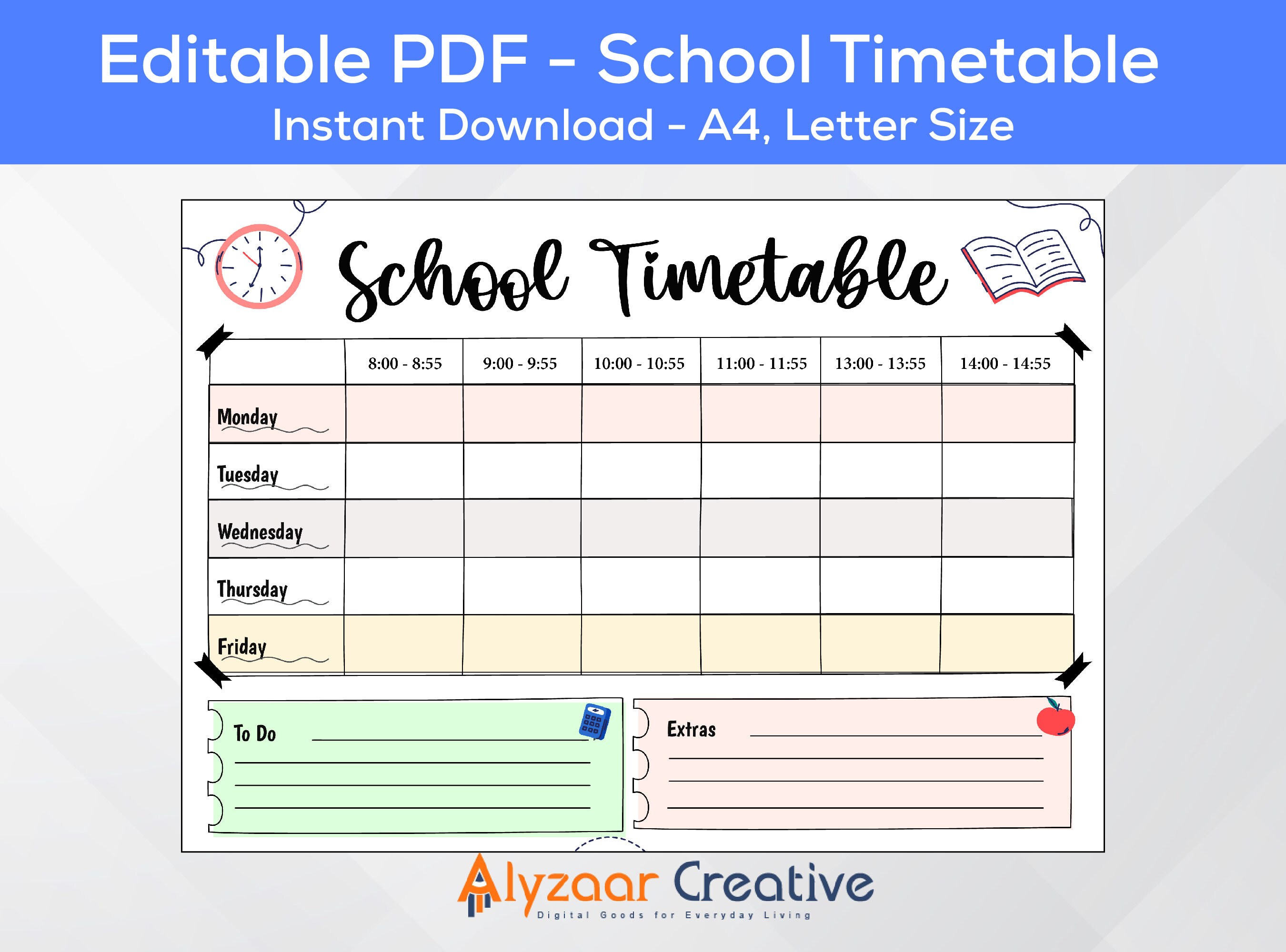 Editable Printable Timetable Schedule School Timetable Instant Download ...