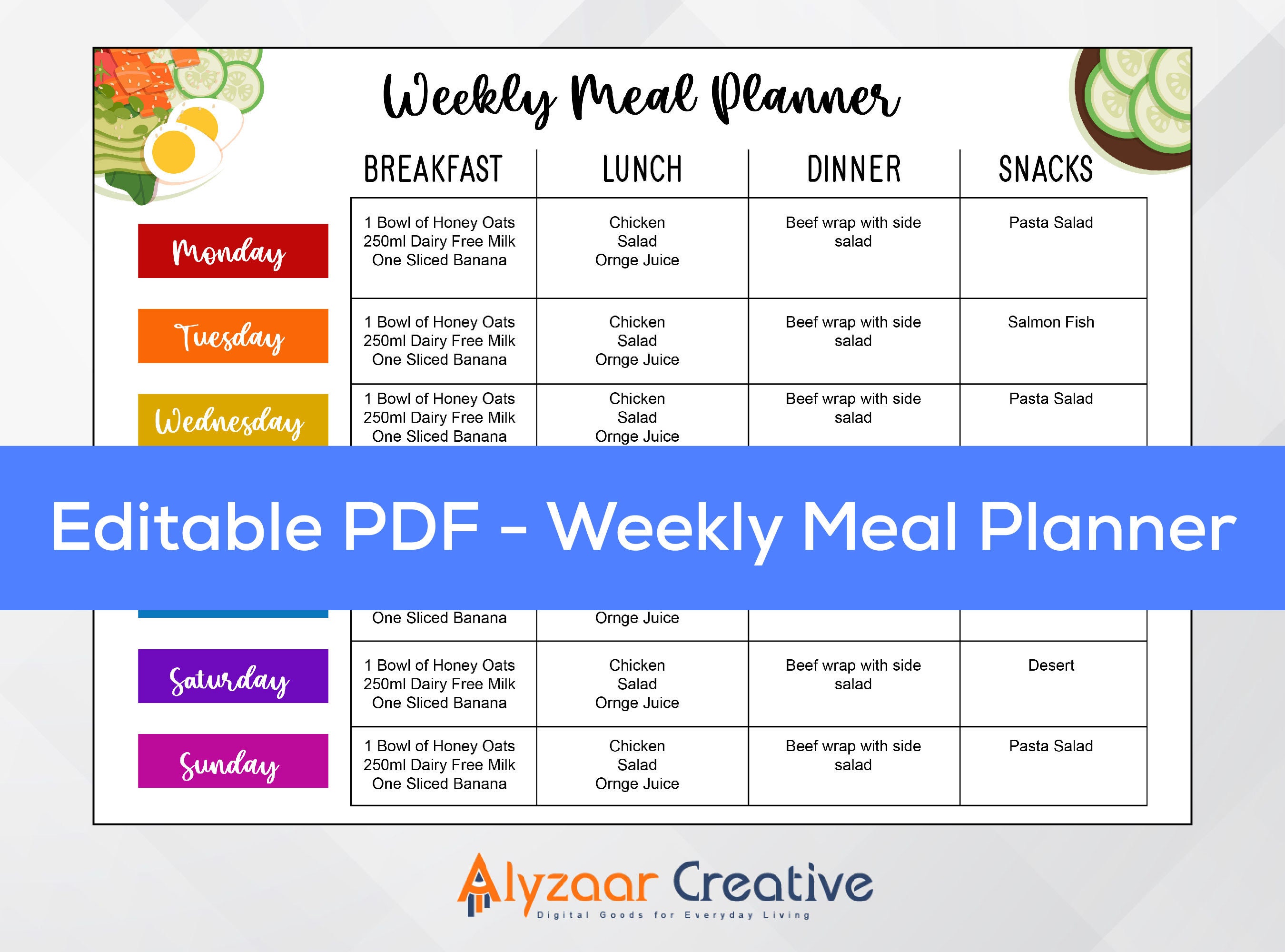 Rainbow Weekly Meal Planner Printable | Printable Weekly Meal Plan ...