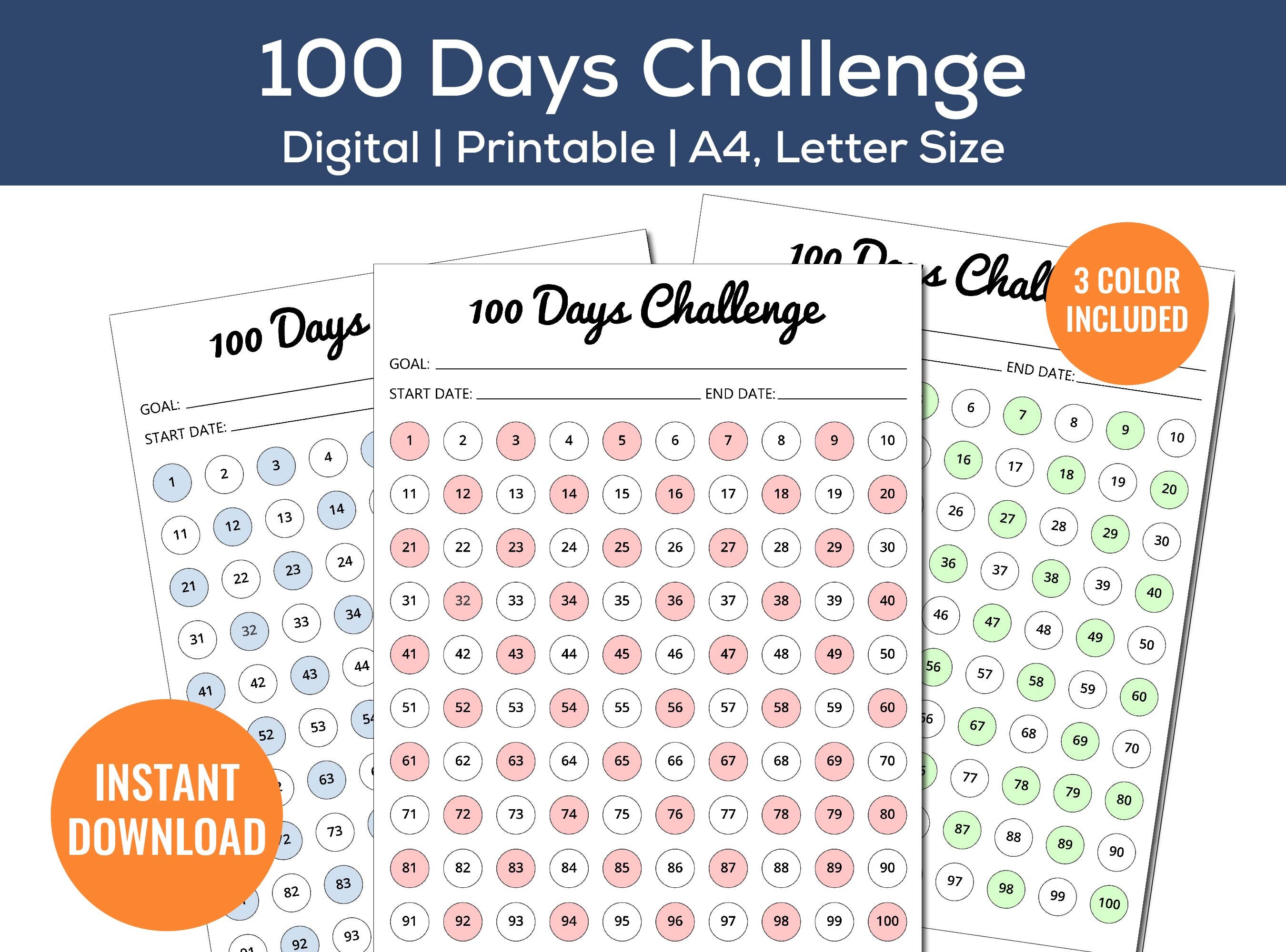 100 Days of Challenge 100 Day Challenge Sheet 100 Day Goal Tracker 100 ...