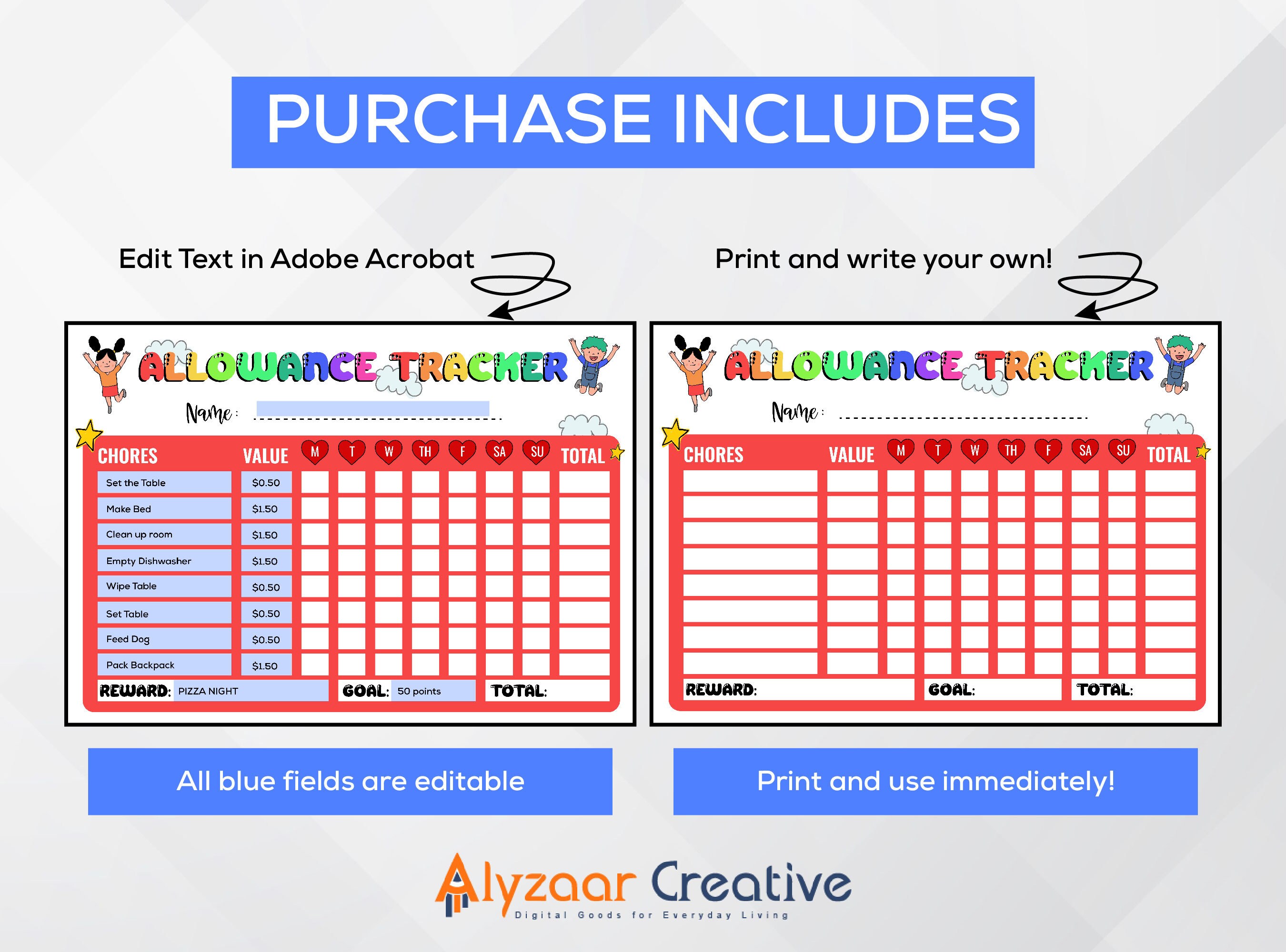 Allowance Tracker for Kids Printable Weekly Allowance Chore Chart ...