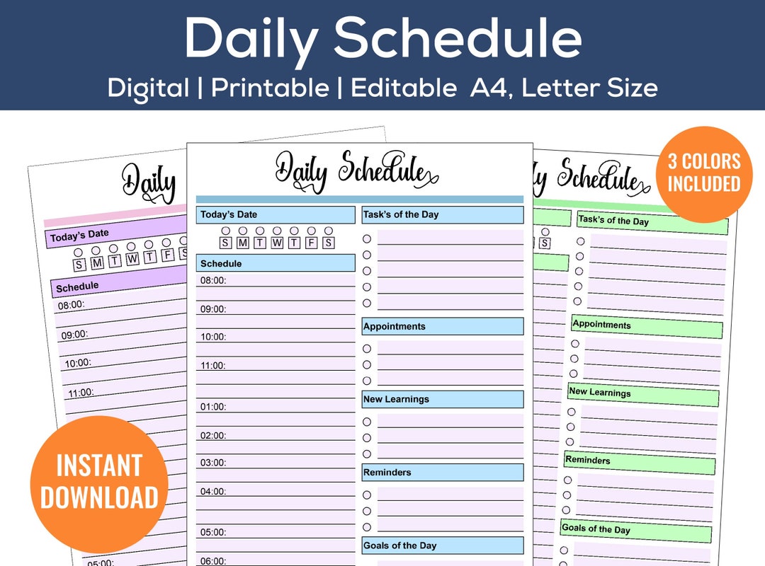 Daily Schedule Template Editable PDF 24 Hour Daily Planner Printable ...