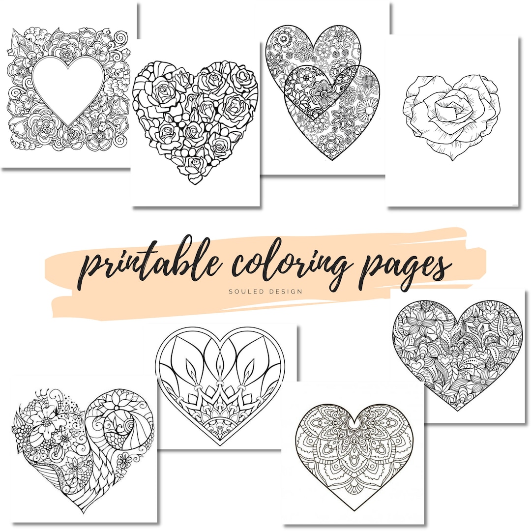 8 Printable Valentines Heart Coloring Pages - Etsy