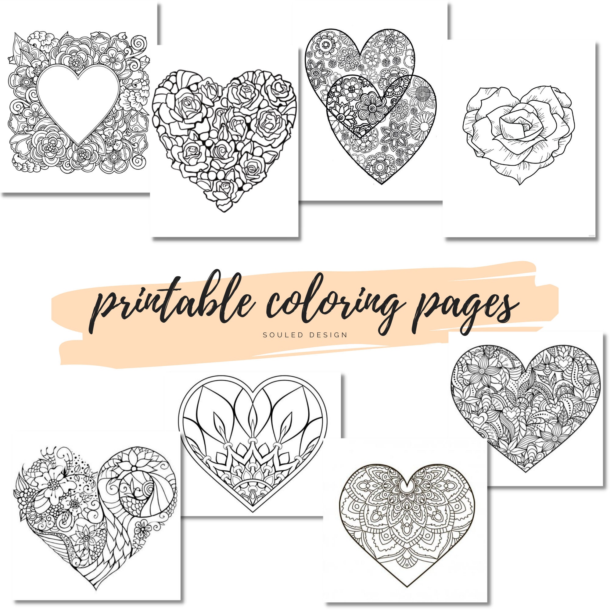 8 Printable Valentines Heart Coloring Pages - Etsy