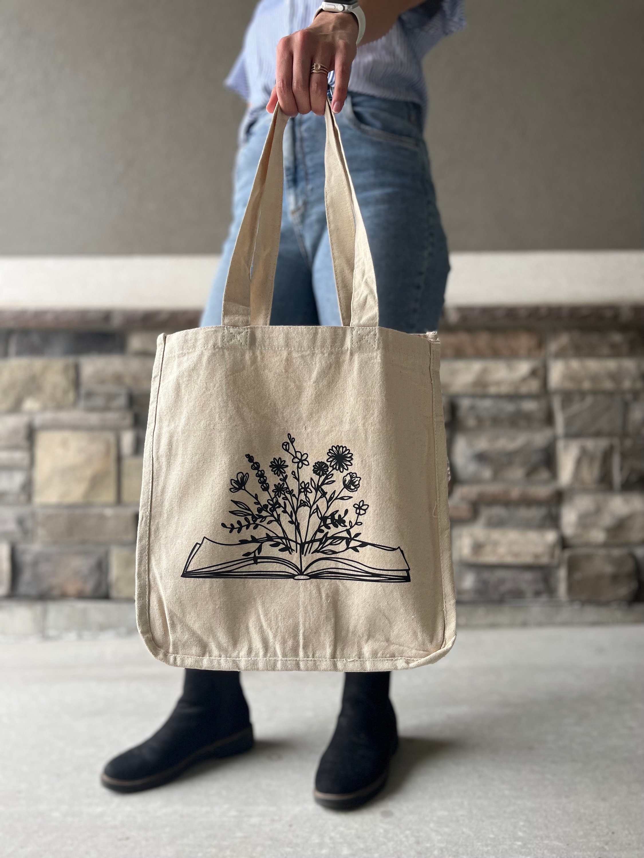 Floral Book Tote Bag Bookish Tote Bag Tote Bag With - Etsy