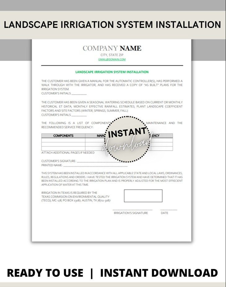 Landscape Irrigation System Installation Required Customer Information ...