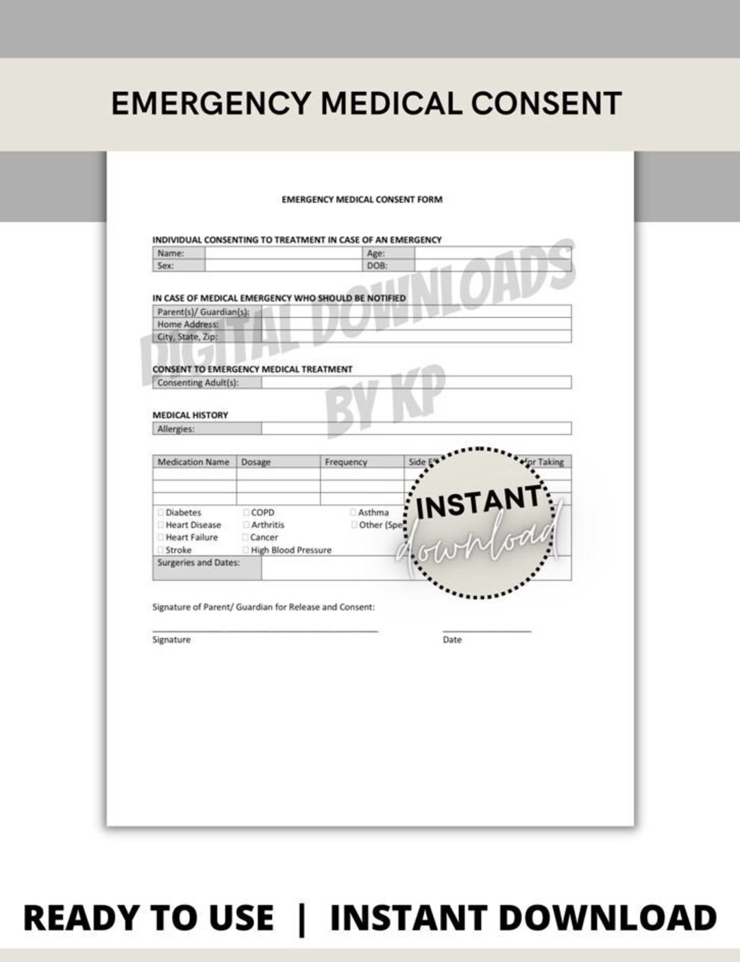 Emergency Medical Consent Form | School Activities | Vacation | Senior ...