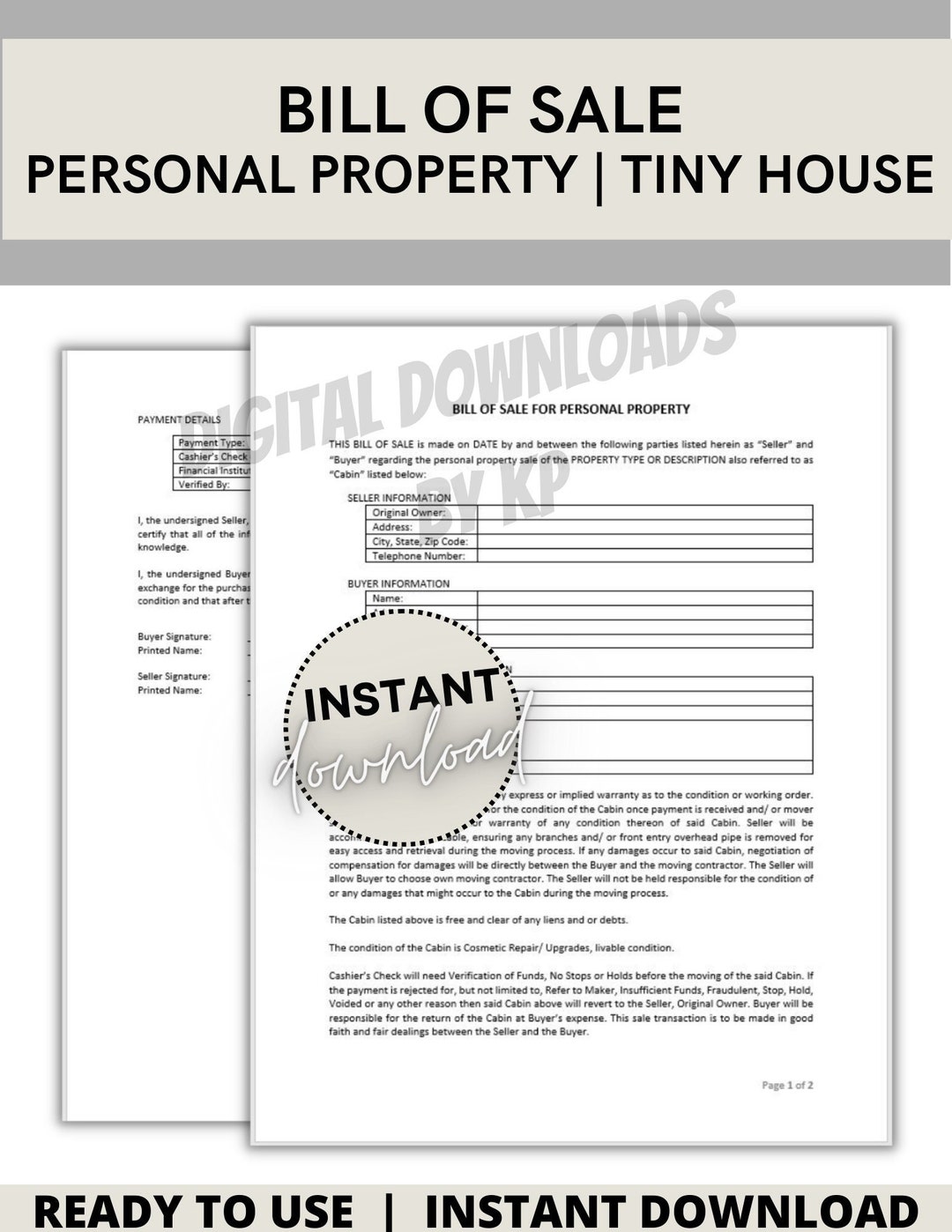 Bill of Sale - Personal Property | Tiny House | Tiny Home | Shed - Etsy