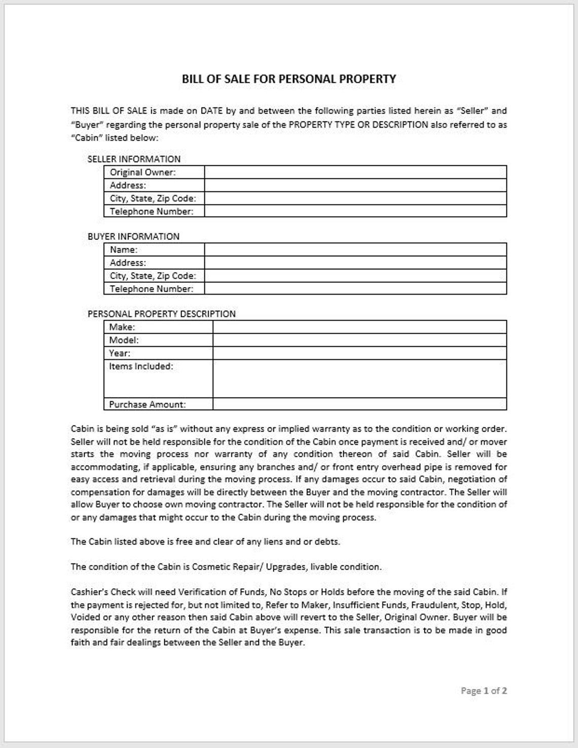 Bill of Sale - Personal Property | Tiny House | Tiny Home | Shed - Etsy