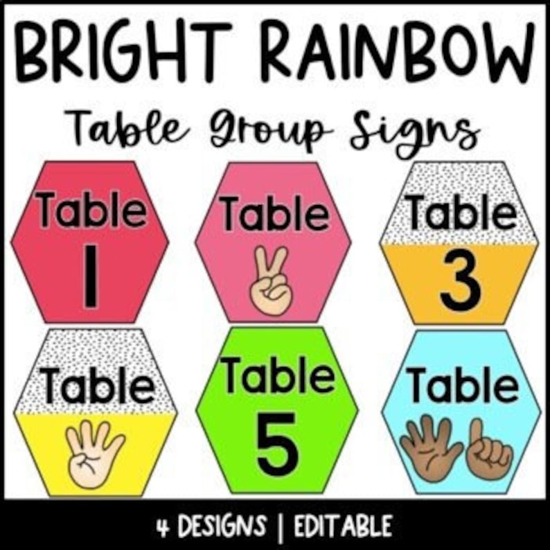 Bright Rainbow Table Group Signs | Editable | Dalmatian | Bulletin ...