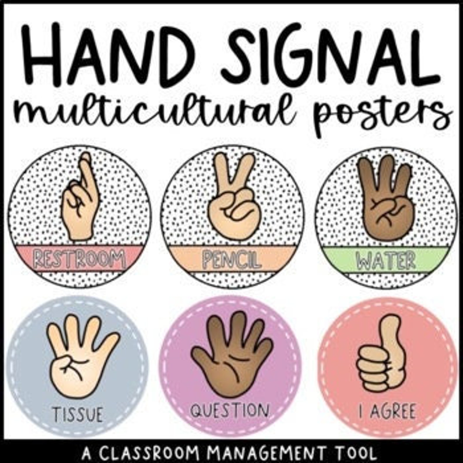 Pastel Rainbow Dalmatian Multicultural Hand Signals for Classroom ...