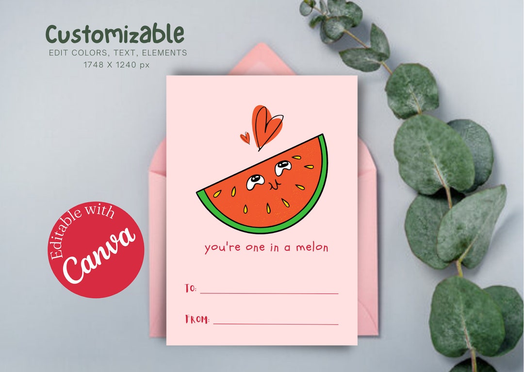 Cute Fruits Red Melon Valentine's Day Wish Card, Editable Printable ...