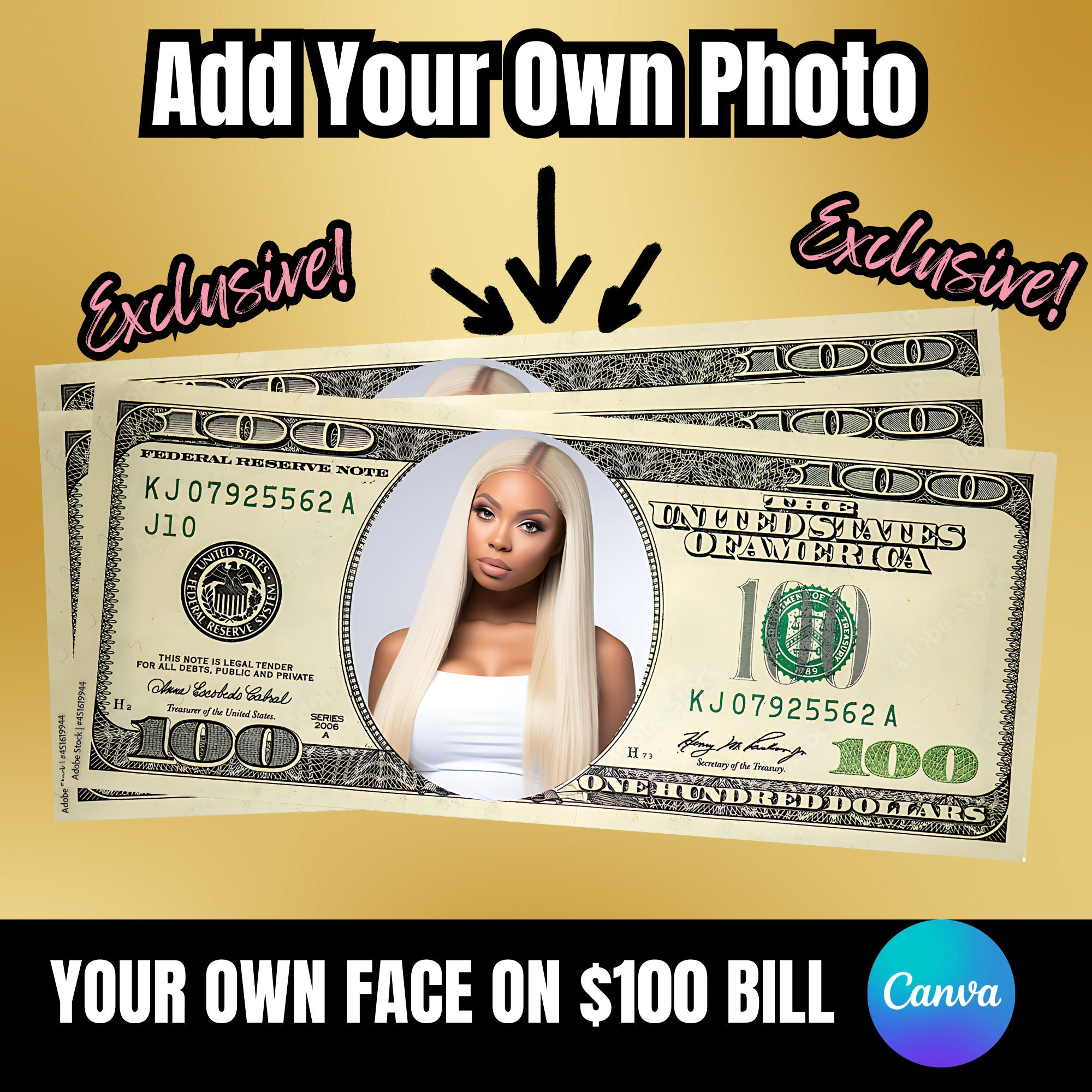 Dollar Bill Template, Your Face on Money, Personalized Dollar, Editable ...