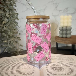 Pink Bears 16 Oz Glass Cup, Iced Coffee Glass, Gifts for Her, Glass Can ...