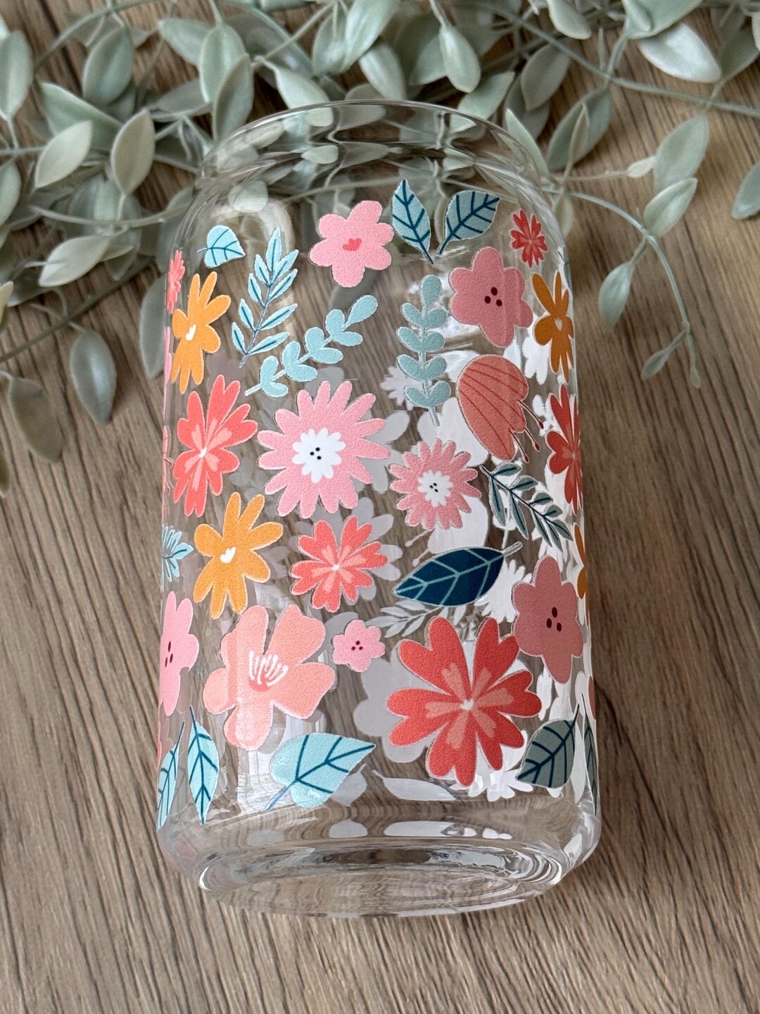 Pink Flowers Glass Cup | 16 Oz Floral Glass | Tailored by Tess - Etsy