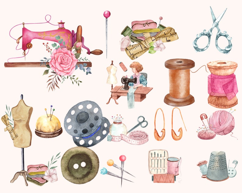 Watercolor Sewing Clipart Wool Clip Art Graphic Png Vintage - Etsy