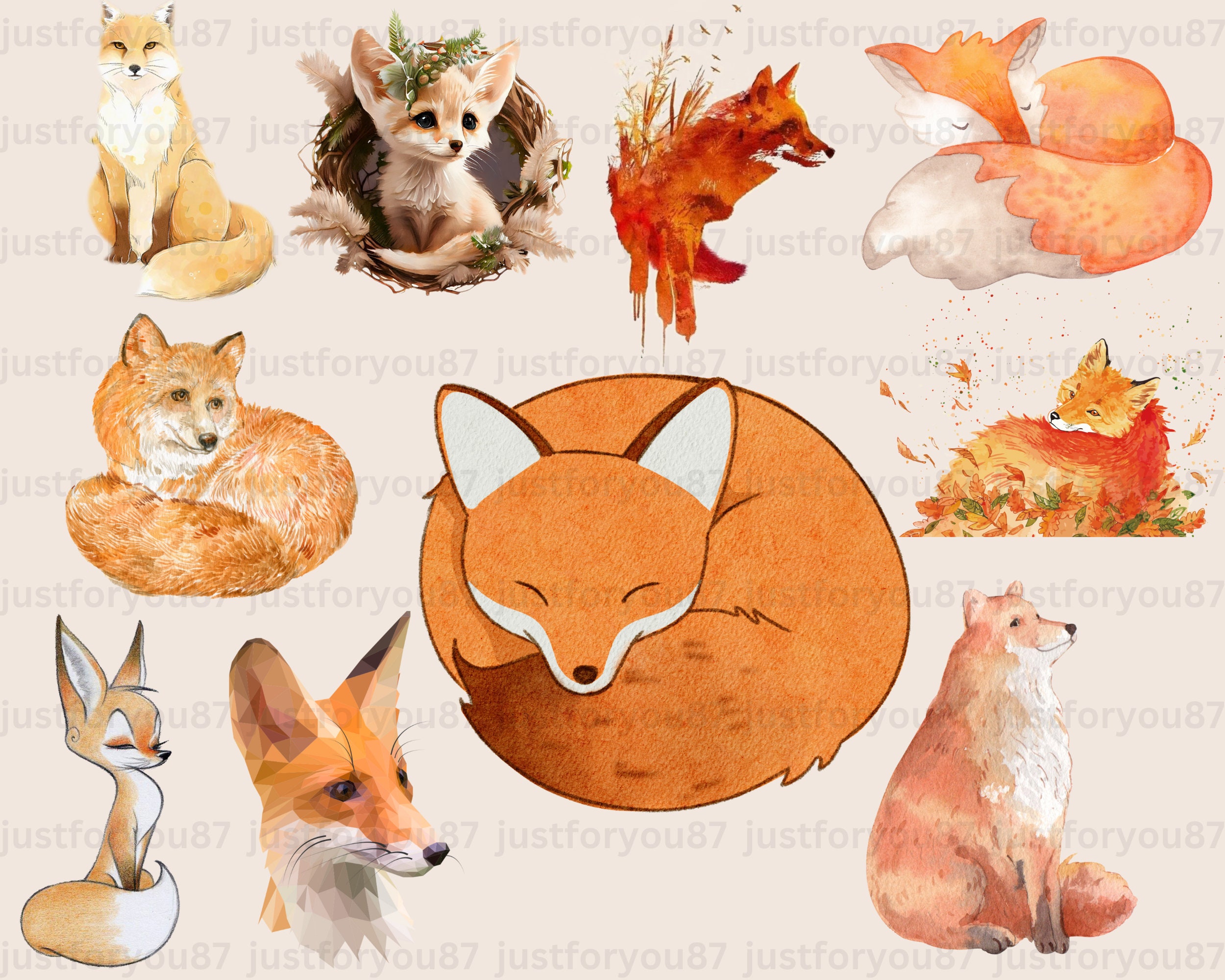 Cute Watercolor Fox Clipart Bundle Fox Digital Clipart - Etsy