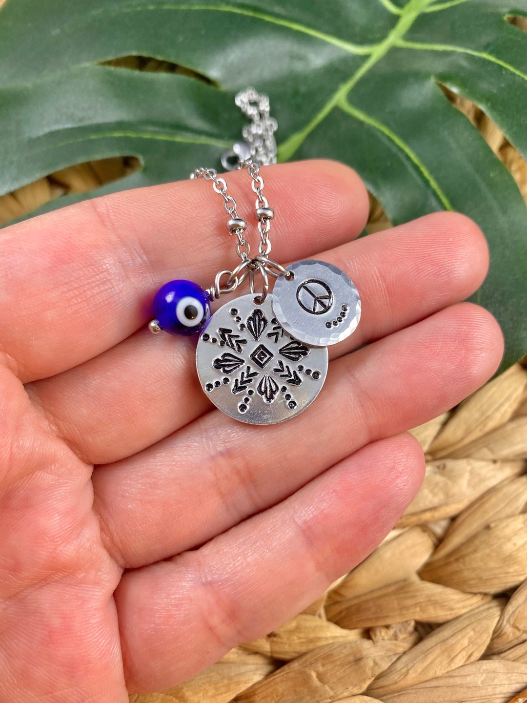 Peace Sign, Mandala, Evil Eye, Hand Stamped Necklace, Pendant, Metal ...