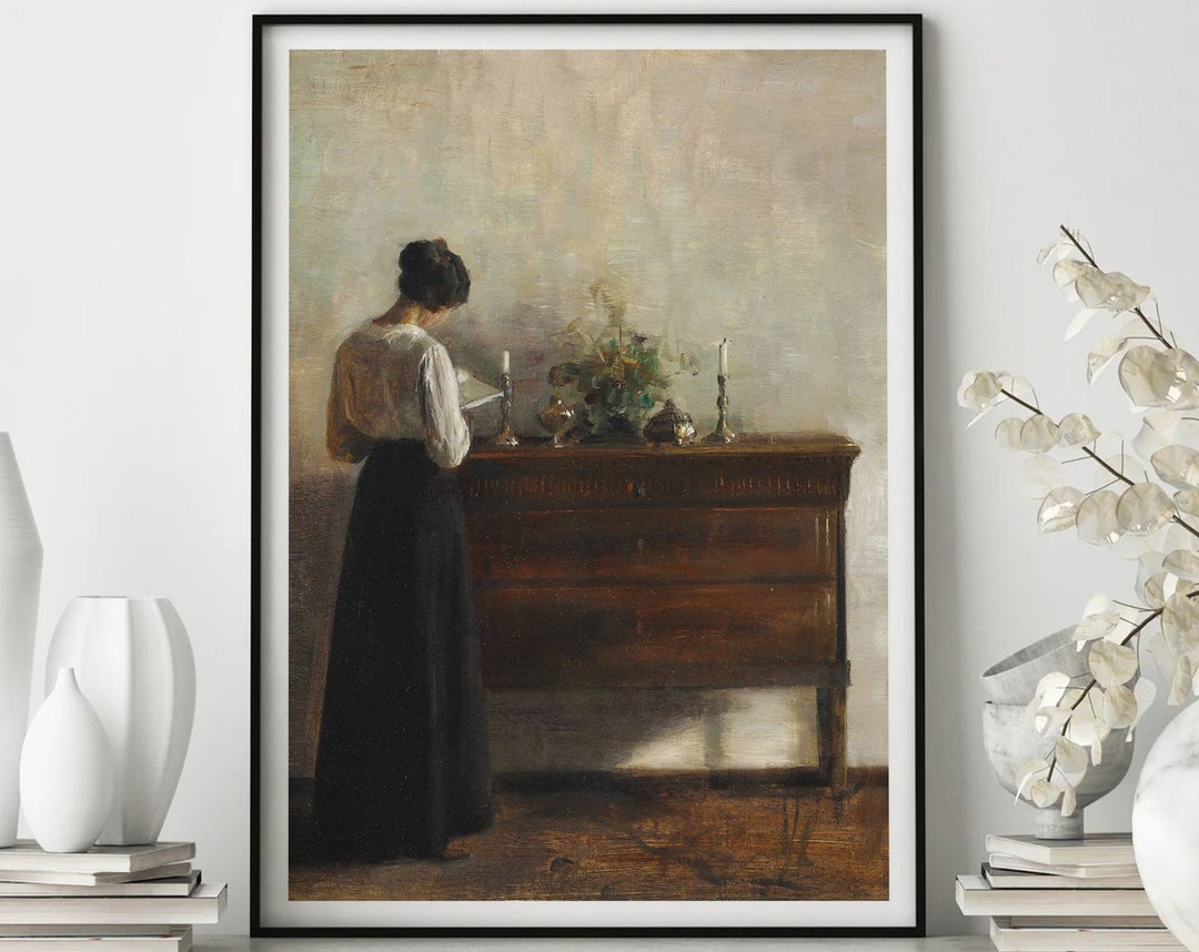 Vintage Woman Portrait Painting, Woman Reading Poster, Moody Art ...