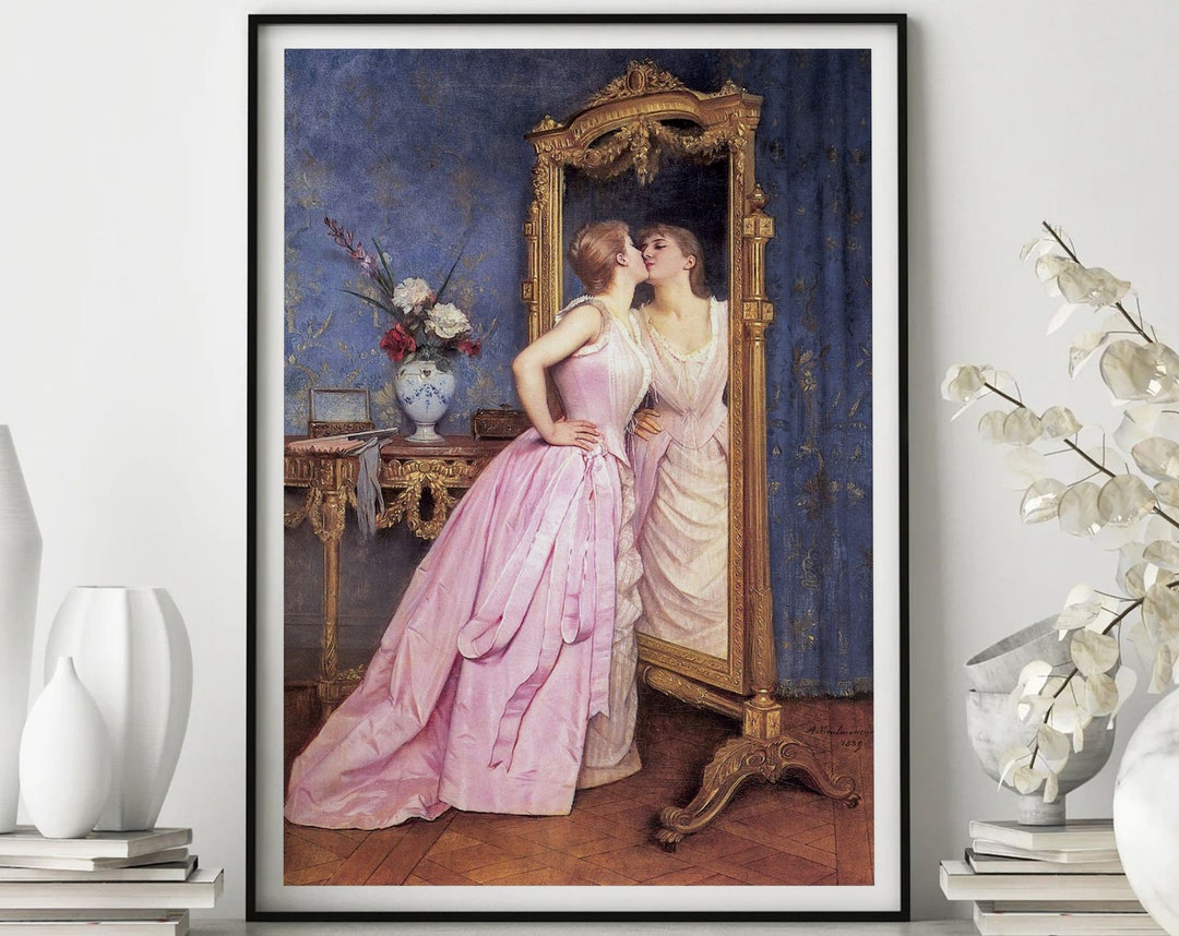 Woman Looking in Mirror Art, Vintage Art, Woman Portrait, Antique Wall ...