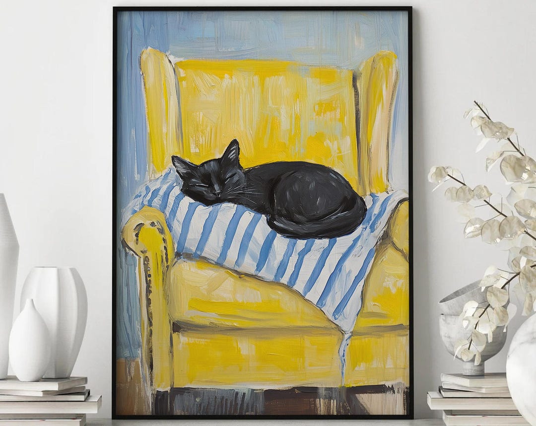 Sleeping Black Cat on Yellow Armchair, Cozy Cat Wall Art Print, Striped ...