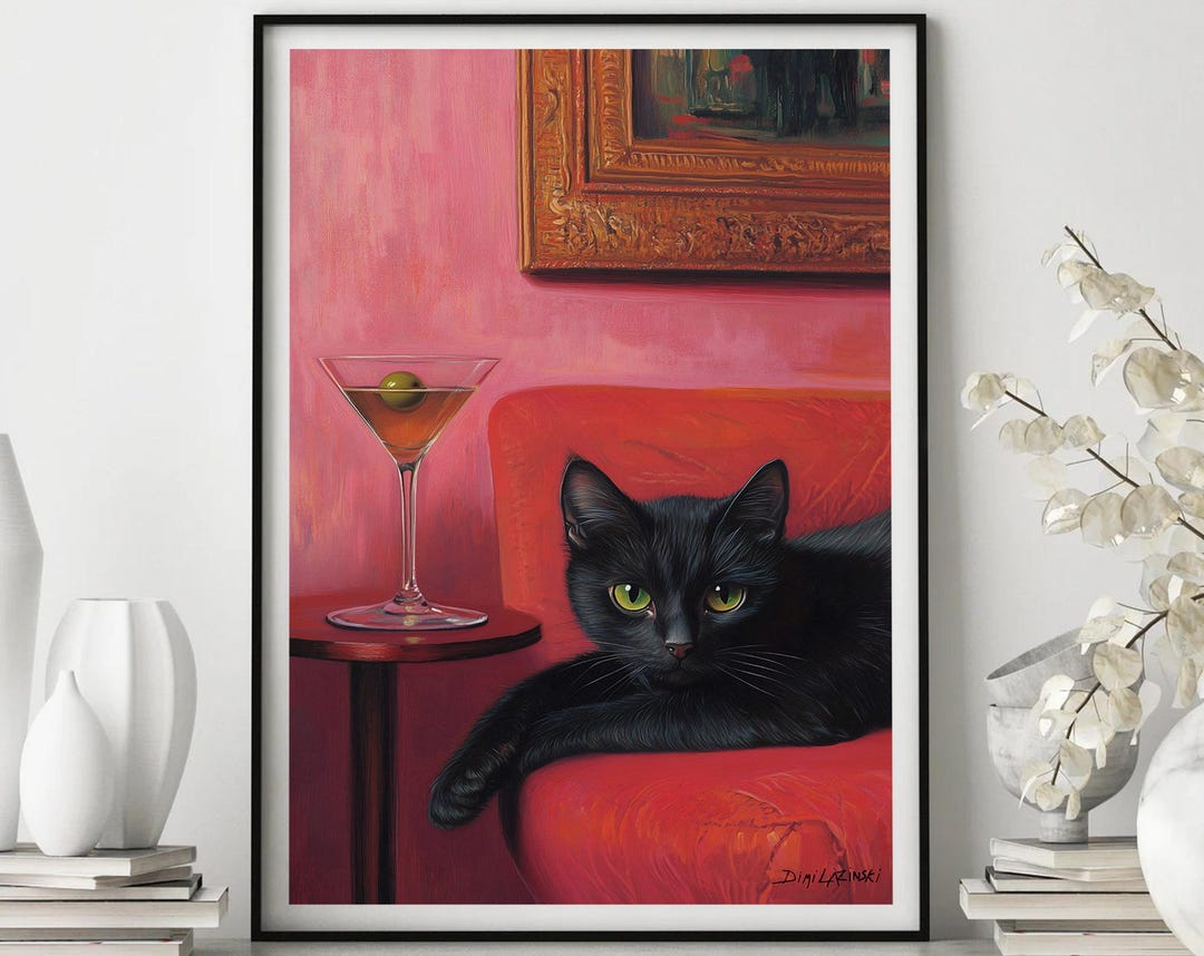 Black Cat Martini Art Print, Whimsical Cocktail Wall Art, Quirky Bar ...