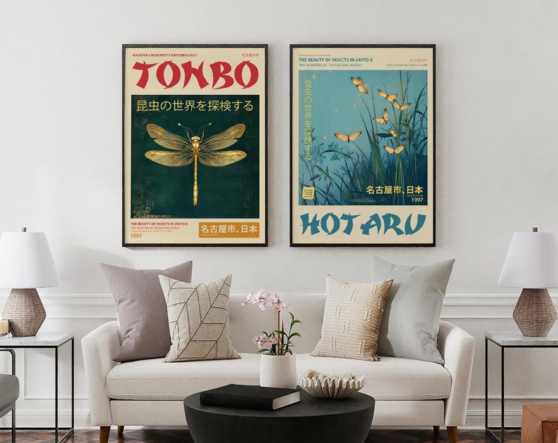 Japanese Insect Art Prints, Dragonfly & Firefly Set - Etsy