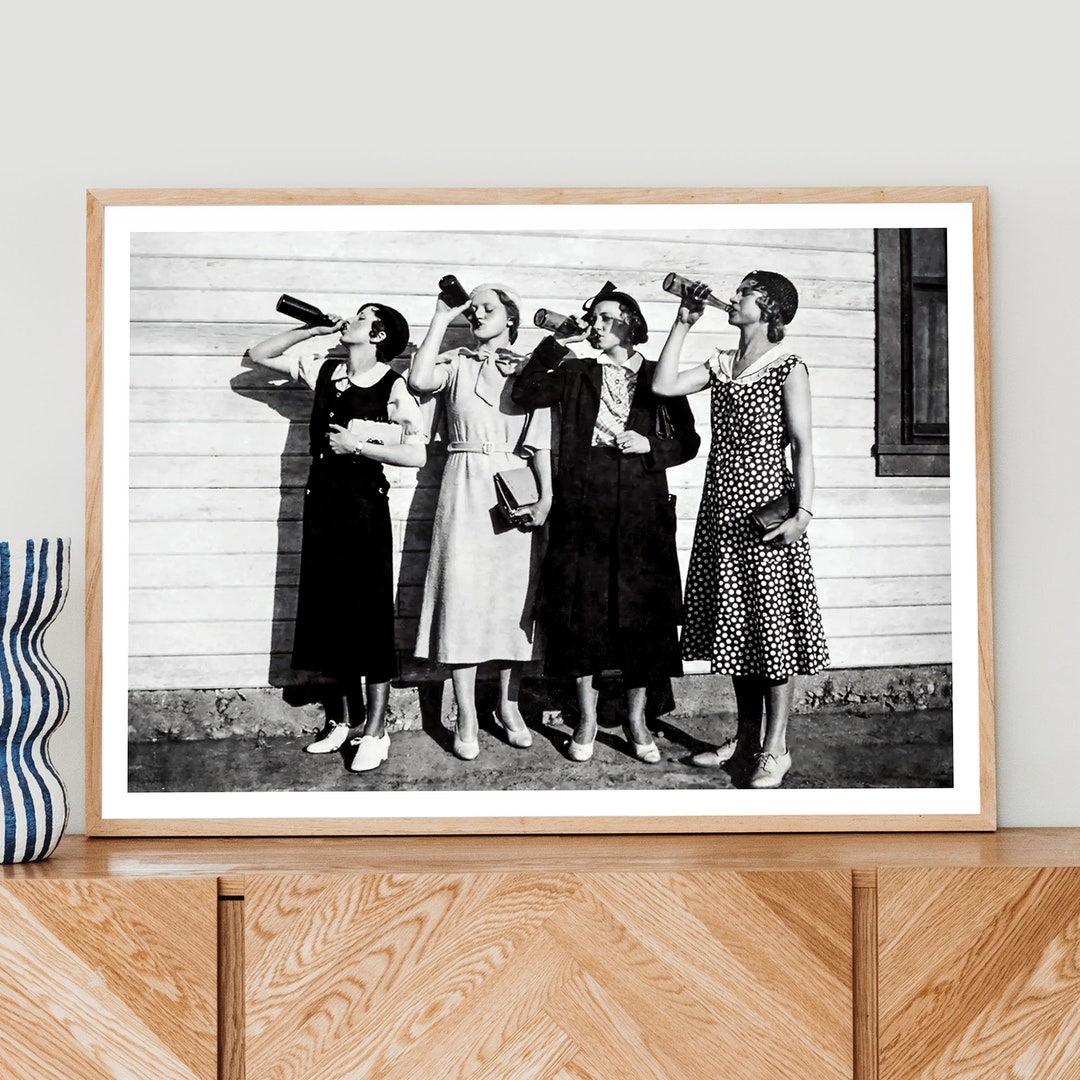 Women Drinking Beer Art Print, Funny Bar Wall Decor, Vintage Black and ...