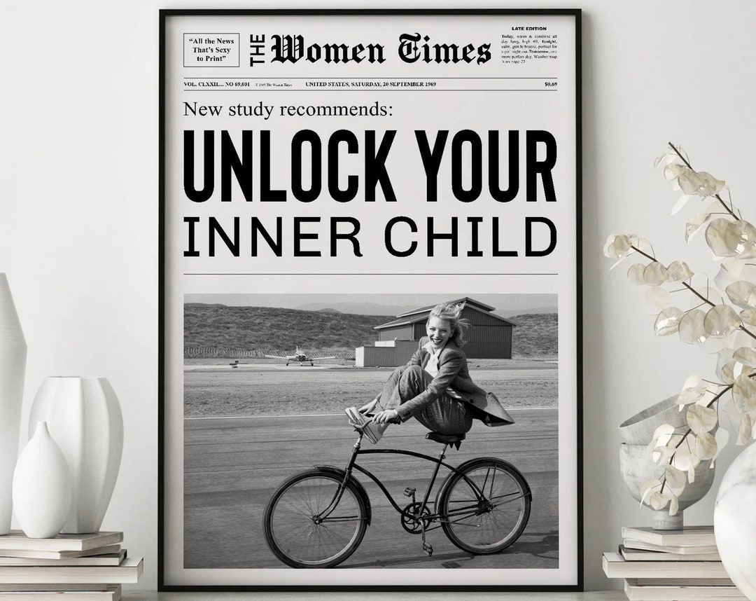 Unlock Your Inner Child Poster, Girl Having Fun, Newspaper Print, Girl ...
