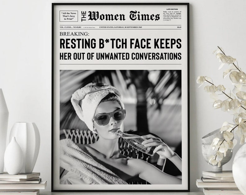 Funny Newspaper Print, Resting B*tch Face Art, Trendy Dorm Decor - Etsy
