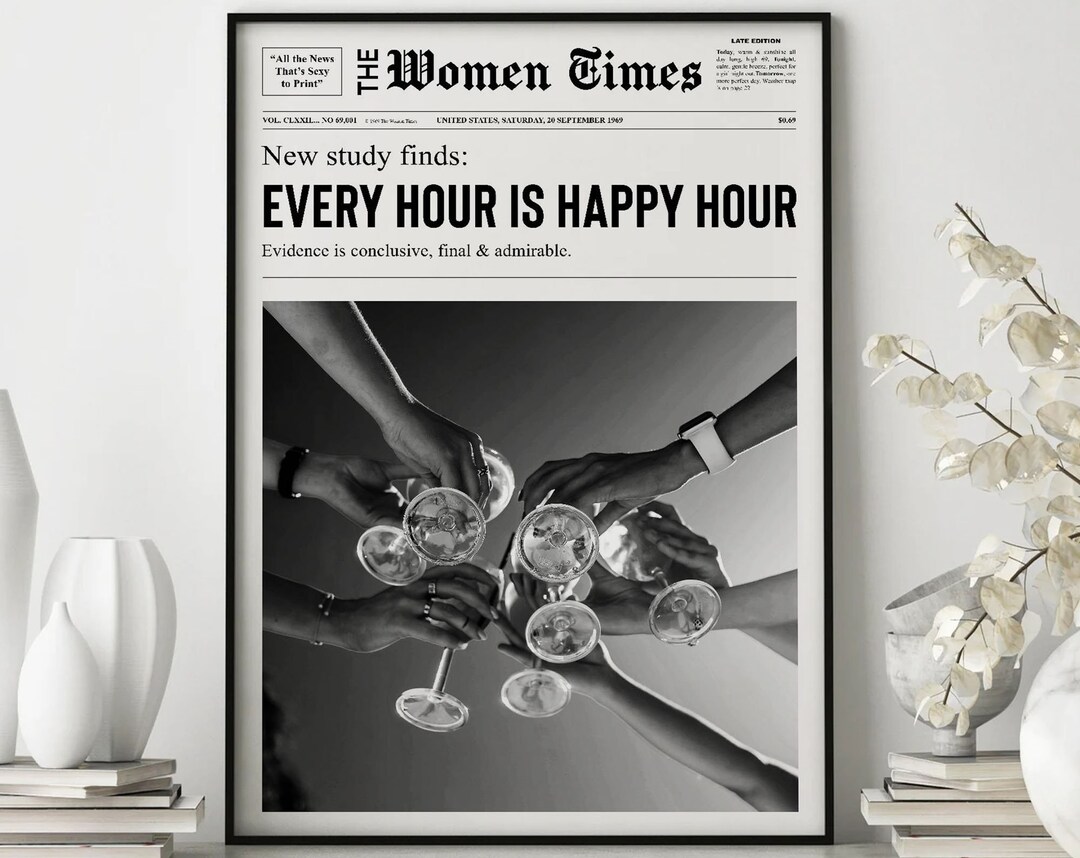 Every Hour is Happy Hour Poster #2, Trendy Newspaper Print, Vintage Bar ...