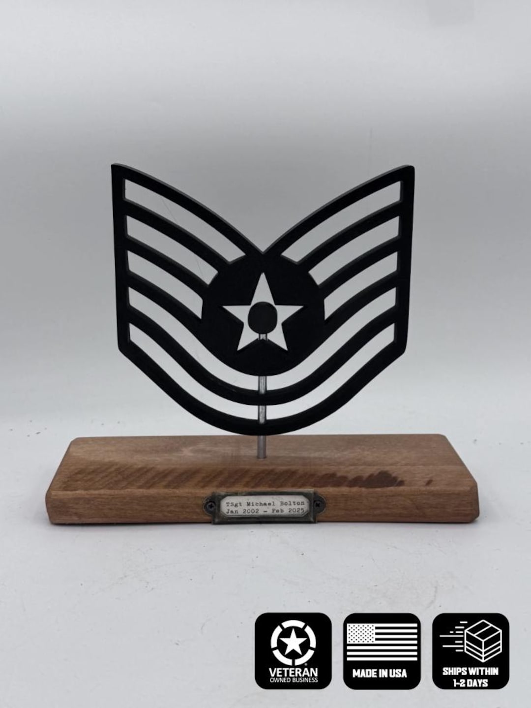 Tsgt - Technical Sergeant (E-6) Air Force Rank Silhouette Art on Wooden Stand With Optional ...