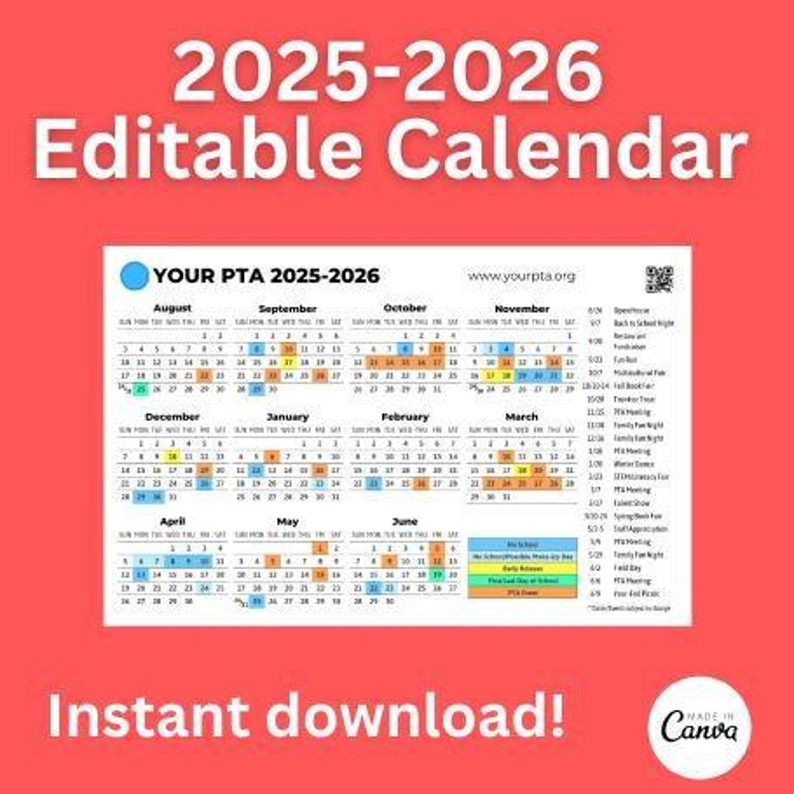 Editable 2025-2026 Calendar, Back to School, Teacher Calendar, PTA ...