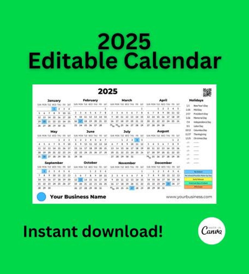 Editable 2025 Calendar Template | Printable Business Event and Holiday ...