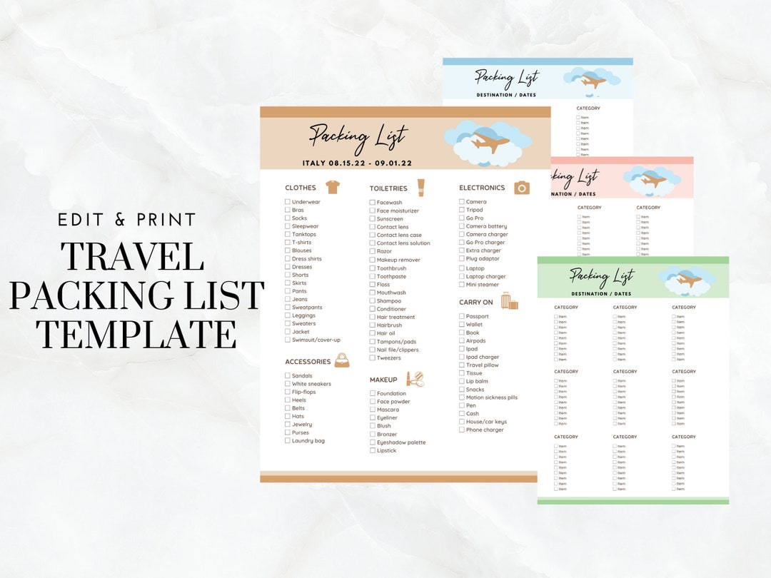 Travel Packing List Template, Printable Editable Travel Packing List ...