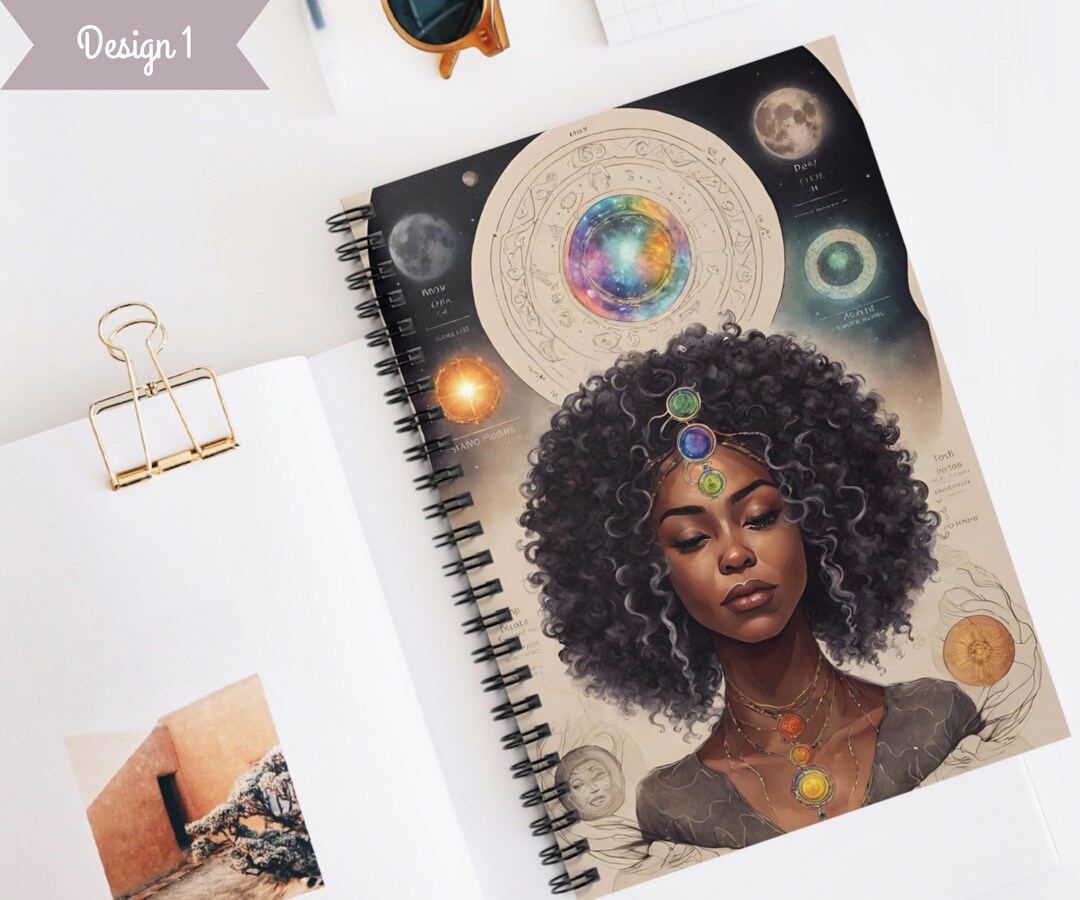 Black Woman Design Spiral Notebook, 118 Pages, Curly Hair, Moon Phases ...