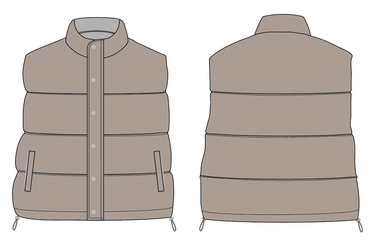 Streetwear Puffer Vest Tech Sketch: Fashion Flat (AI & PDF Digital ...