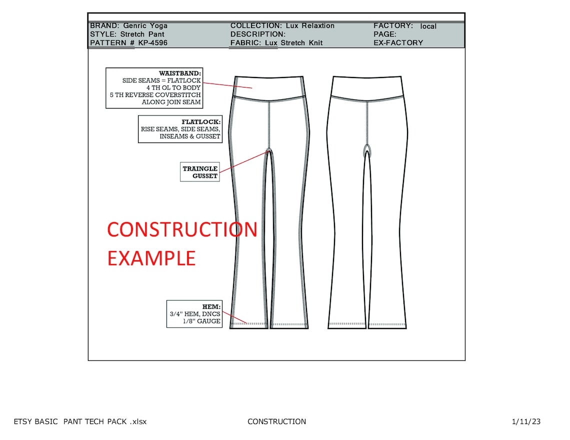 Pants Tech Pack Template: Fashion Design (excel) - Etsy