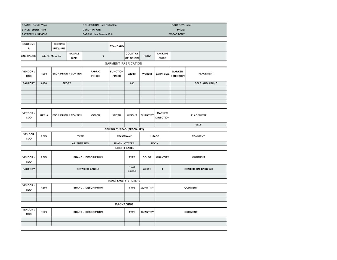 Pants Tech Pack Template: Fashion Design (excel) - Etsy