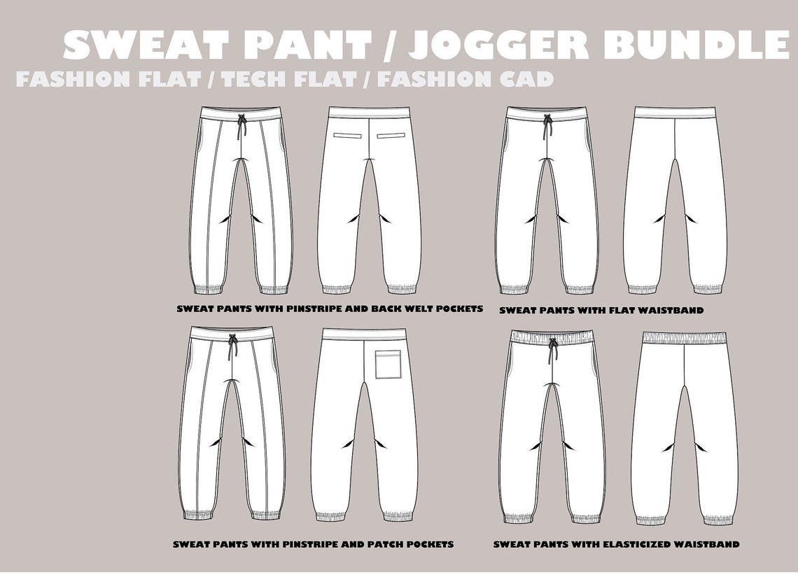 Sweatpants / Jogger Bundle Fashion Flat Sketch, Fashion Template ...