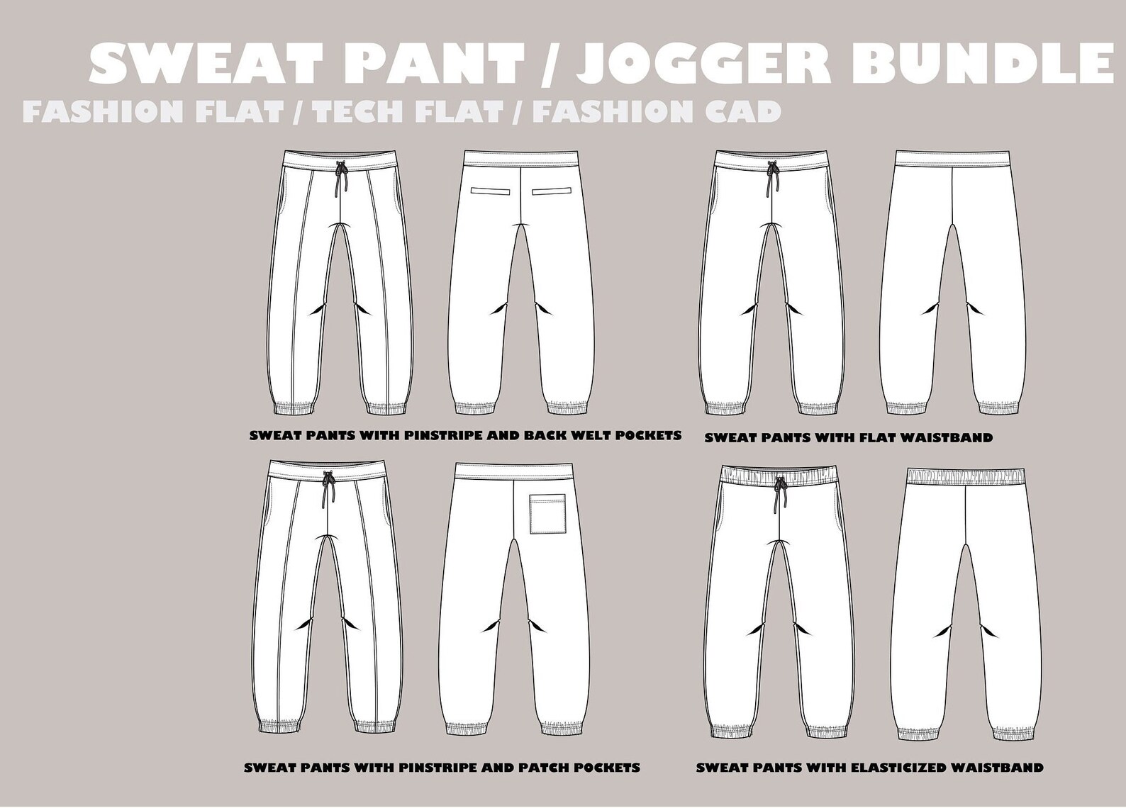 Sweatpants / Jogger Bundle Fashion Flat Sketch, Fashion Template ...