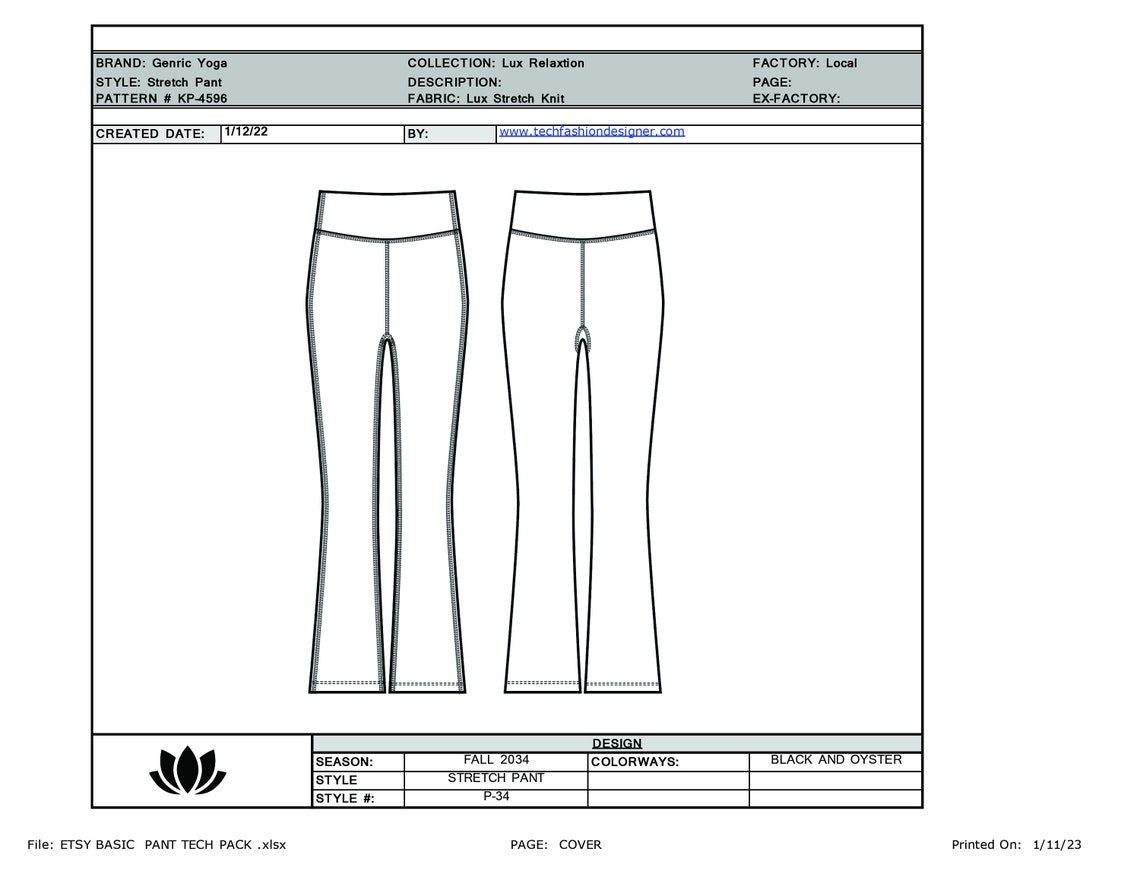 Pants Tech Pack Template: Fashion Design (excel) - Etsy