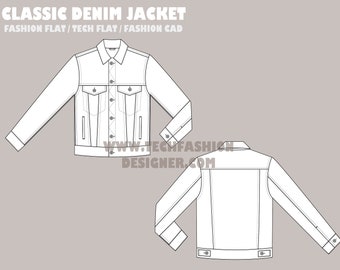 Women Jean Denim Jacket Cropped Flat Technical Drawing Illustration ...