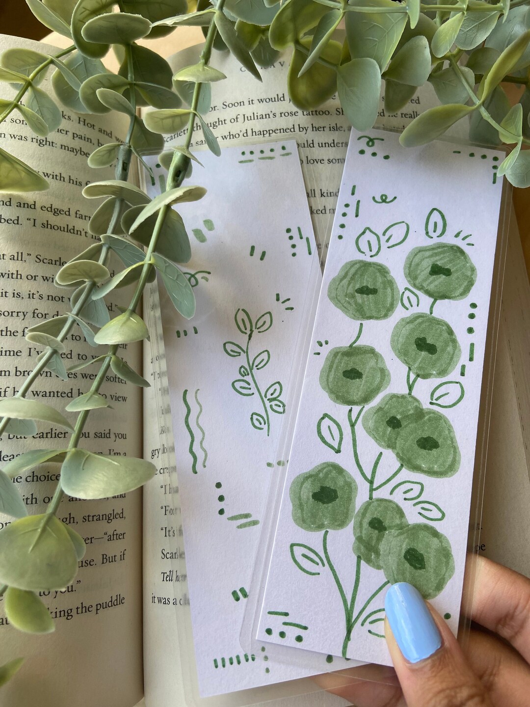 Hand Drawn Floral Bookmark Set: Green Botanical Design, Laminated - Etsy