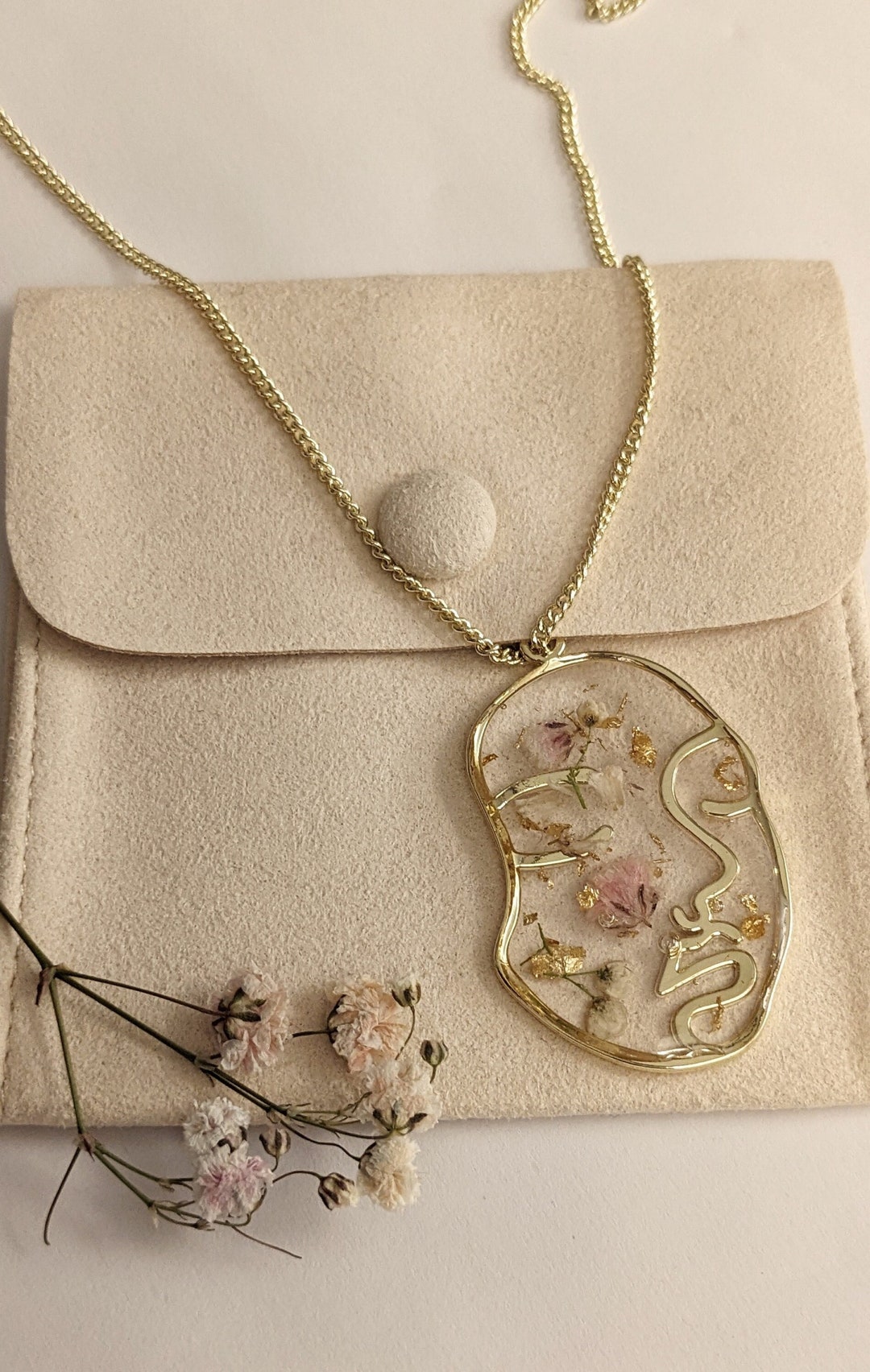 Gold Abstract Pressed Flower Necklace With Gold Flakes, Resin Necklace ...