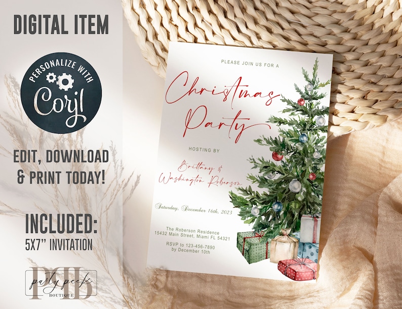 Editable Christmas Party Invitation, Classic, Christmas Tree, Elegant ...
