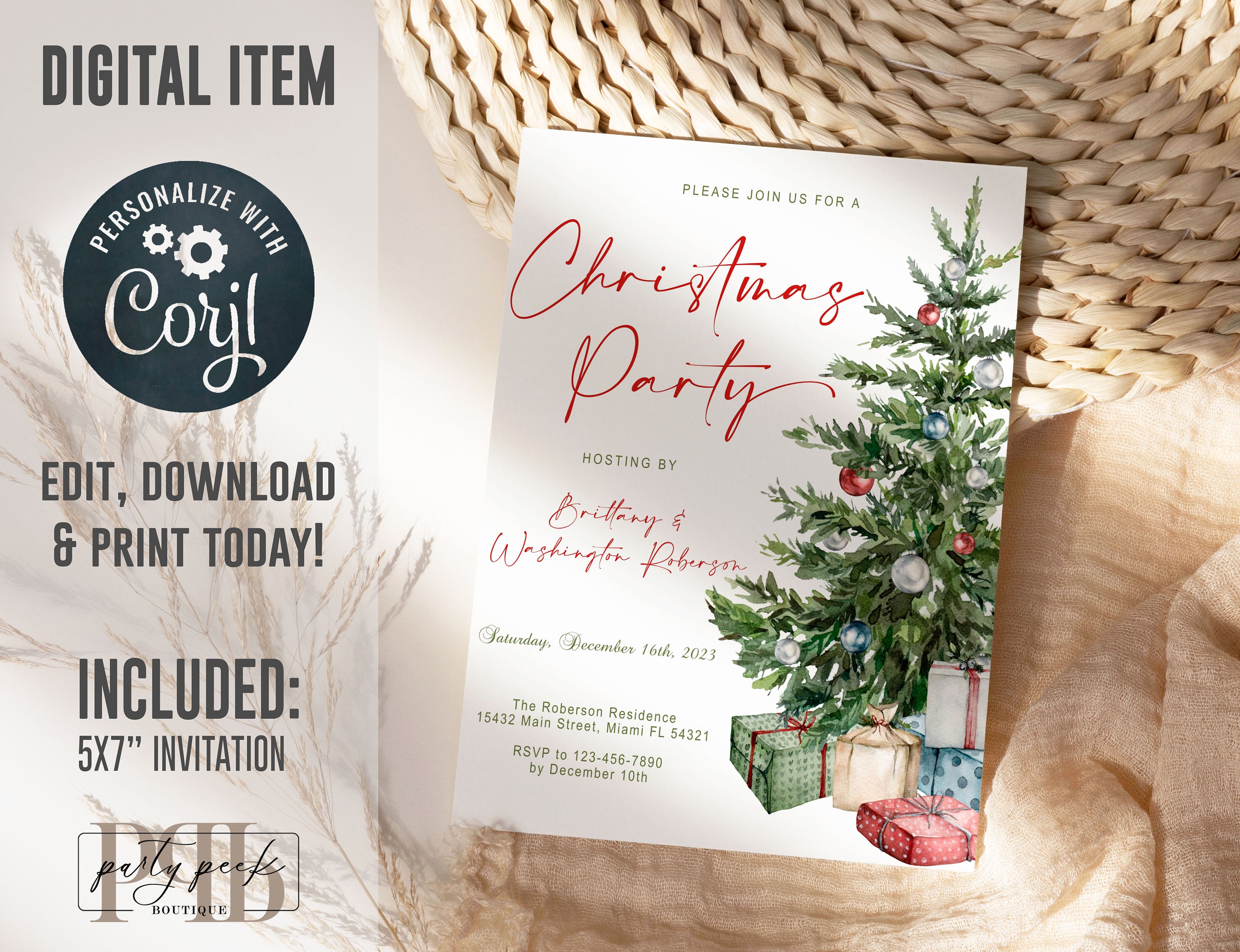 Editable Christmas Party Invitation, Classic, Christmas Tree, Elegant ...